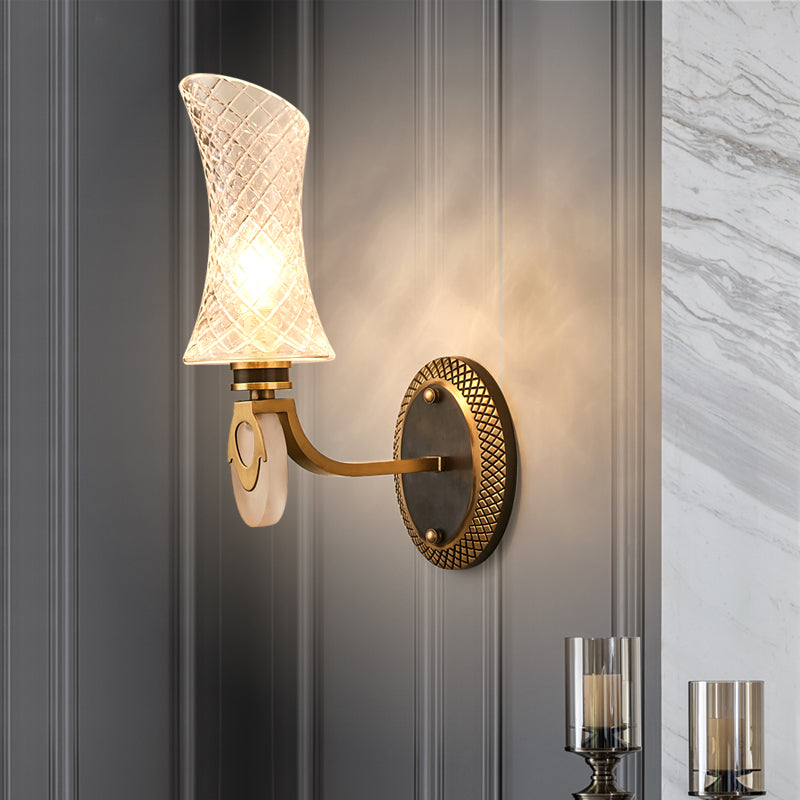 Traditional Brass Finish Arc Wall Lamp with Clear Latticed Glass - Half ...