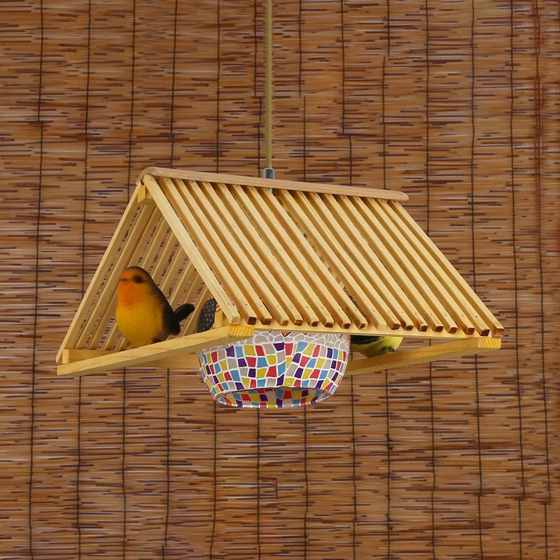 Modern Wood Pendant Light in Roof Shape, Beige Hanging Fixture, 16"/19. ...